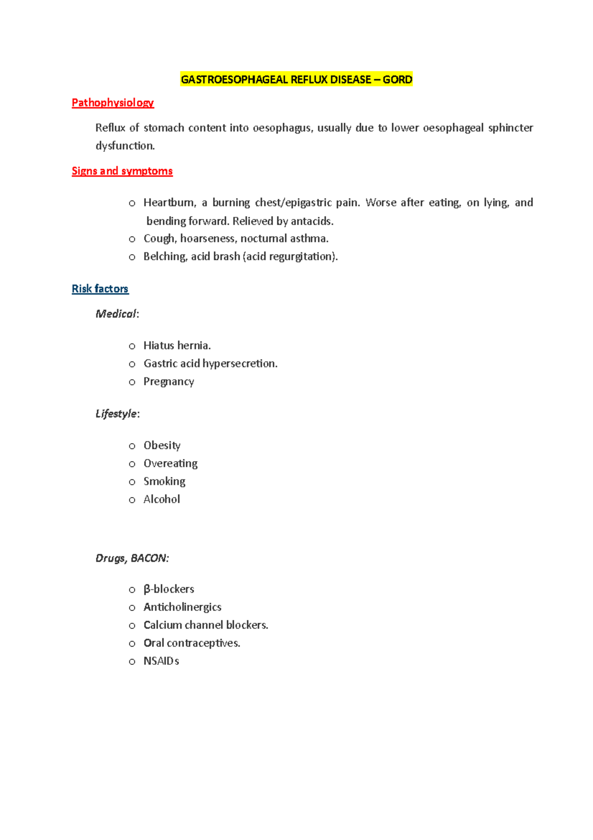 GORD - Lecture notes 1 - GASTROESOPHAGEAL REFLUX DISEASE – GORD ...