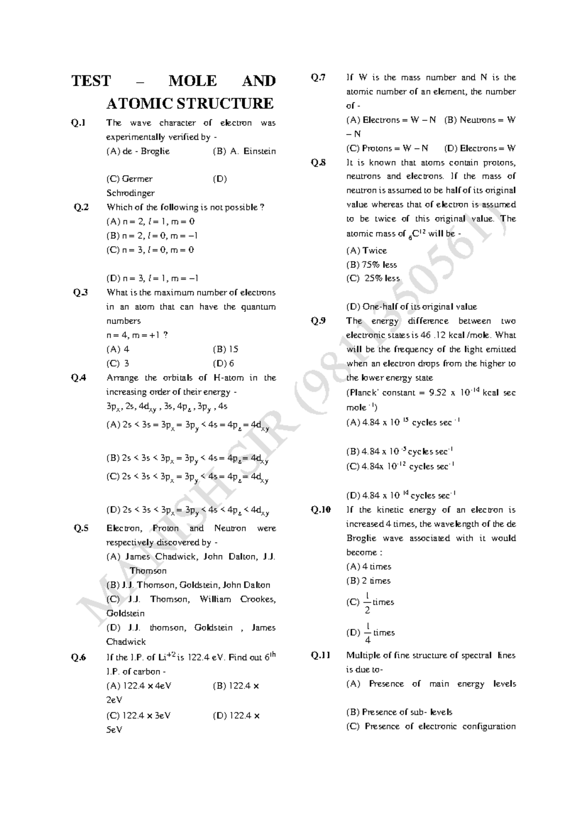 MOLE AND Atomic - TEST – MOLE AND ATOMIC STRUCTURE Q The wave character ...