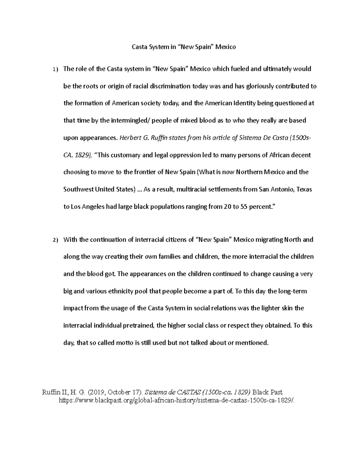 HIST 159 - Notes - Casta System in “New Spain” Mexico The role of the ...