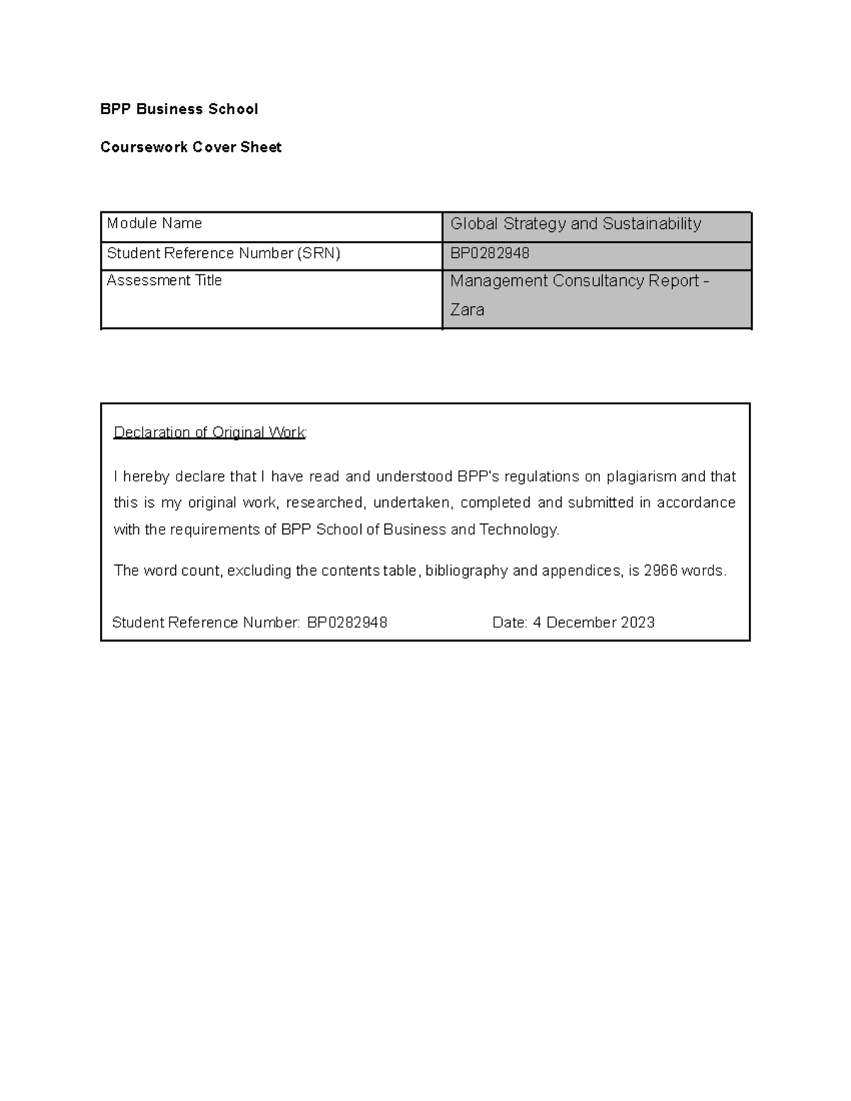 Global Strategy and Sustainability - BPP Business School Coursework Cover Sheet Module Name ...