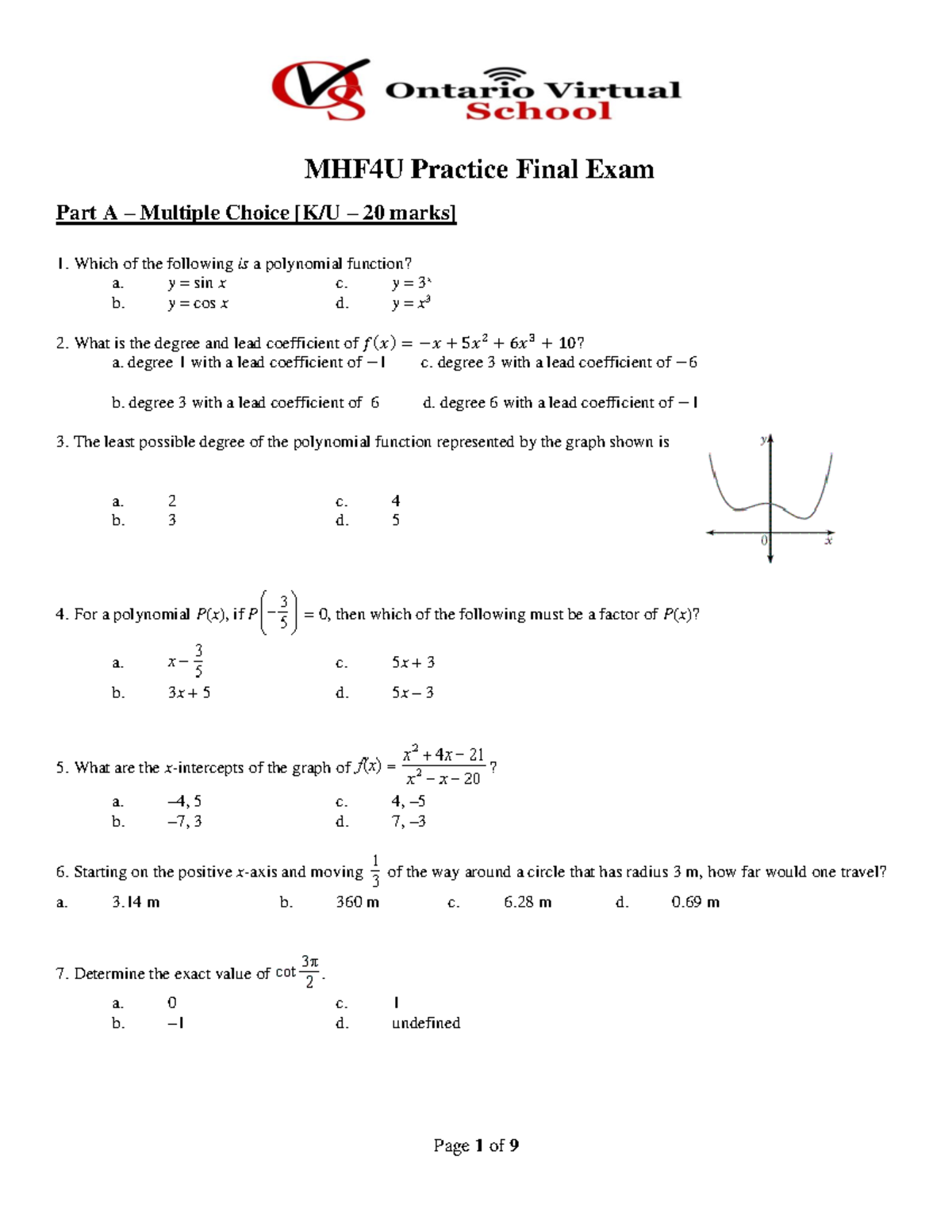 Final Exam Practice - MHF4U Practice Final Exam Part A – Multiple ...