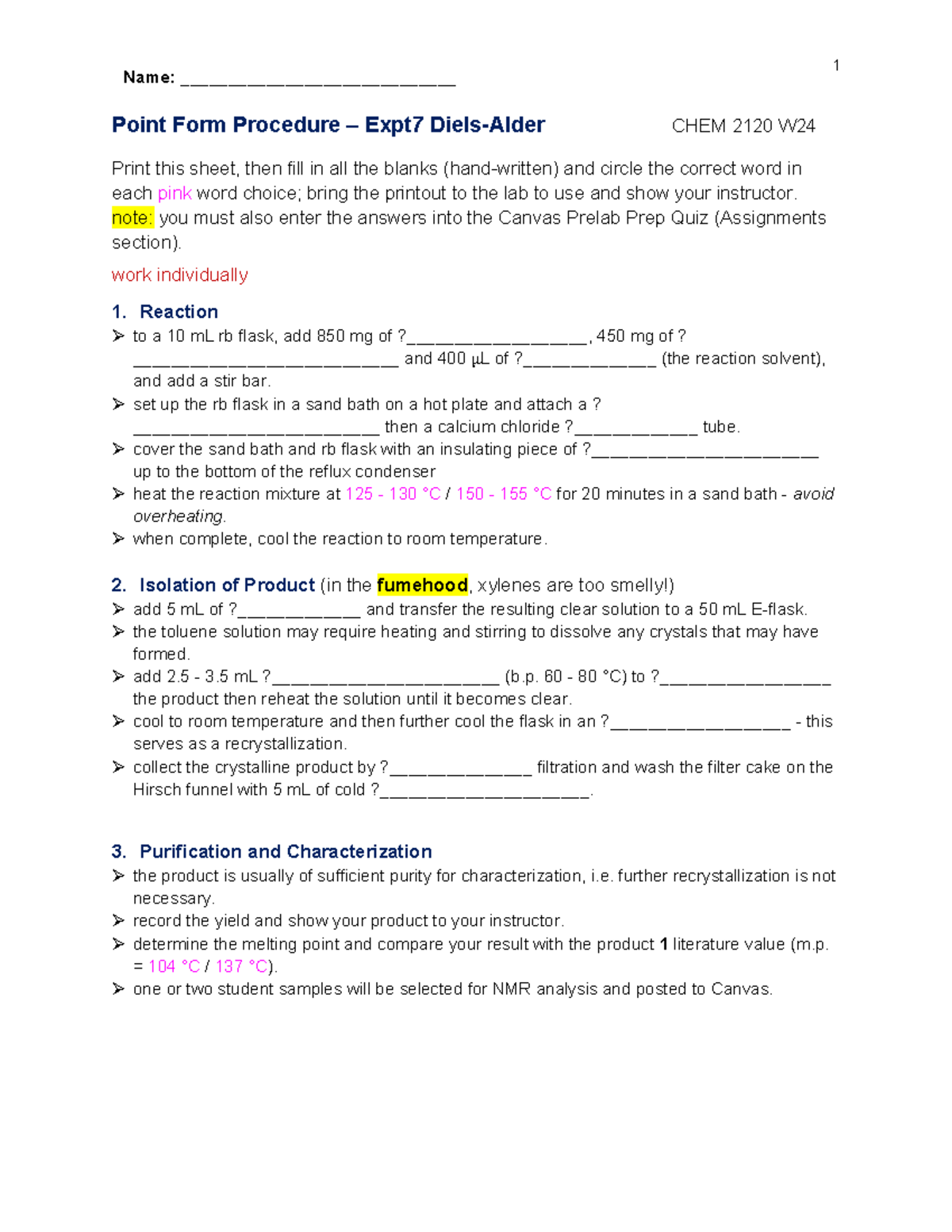 Point Form Procedure Lab. 7 - 1 Point Form Procedure – Expt7 Diels ...