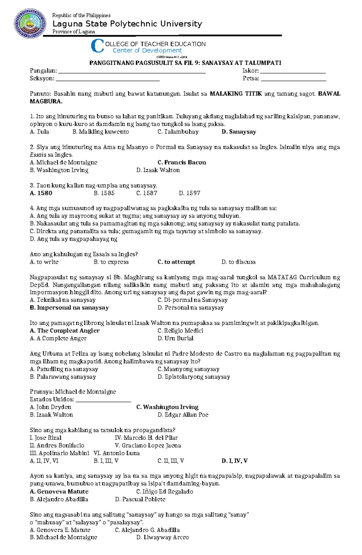 FIL9 Midterm 2ND-SEM 23-24 - PANGGITNANG PAGSUSULIT SA FIL 9: SANAYSAY ...