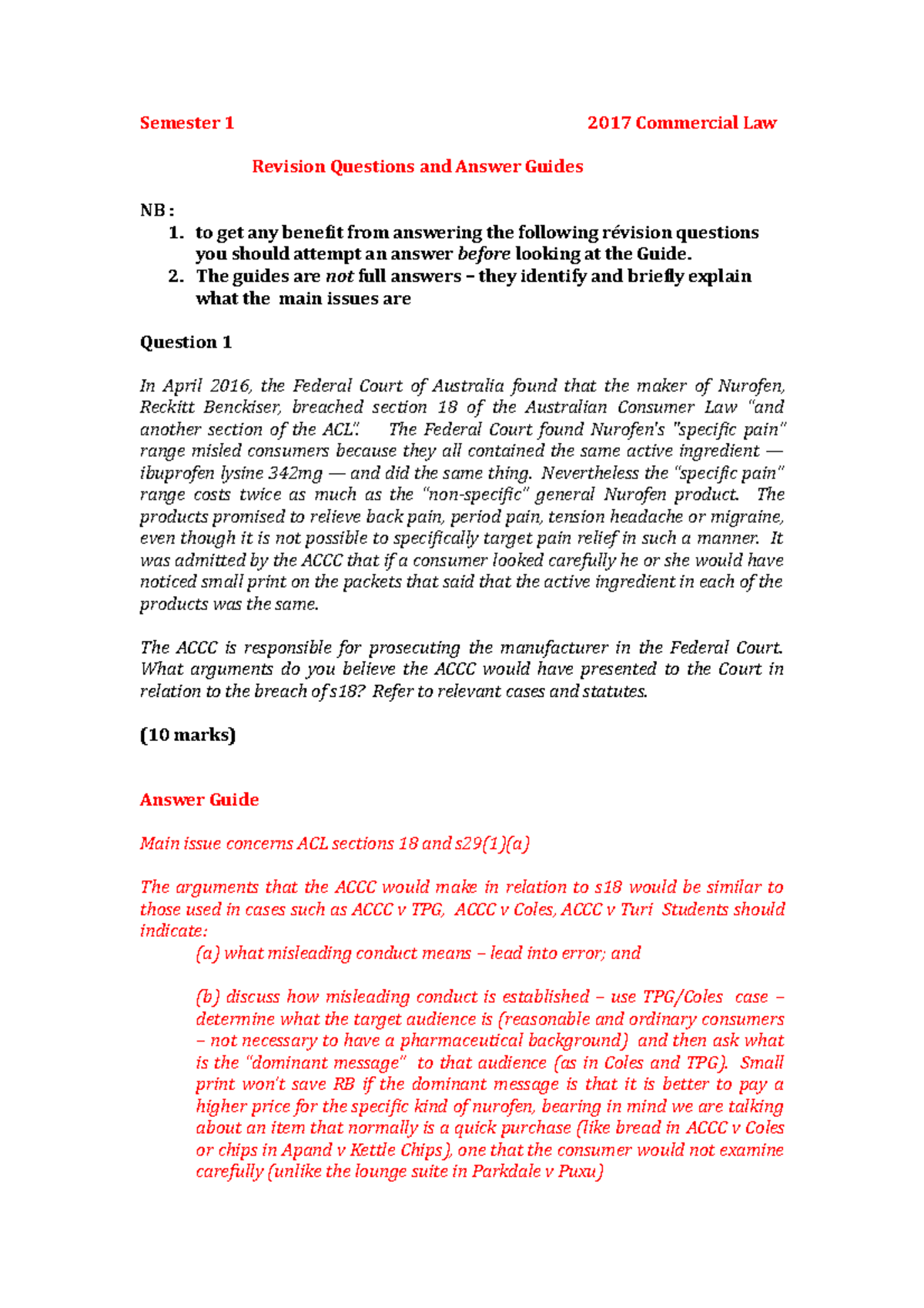 Past Exam Questions with Answer Guide for students - Semester 1 2017 ...