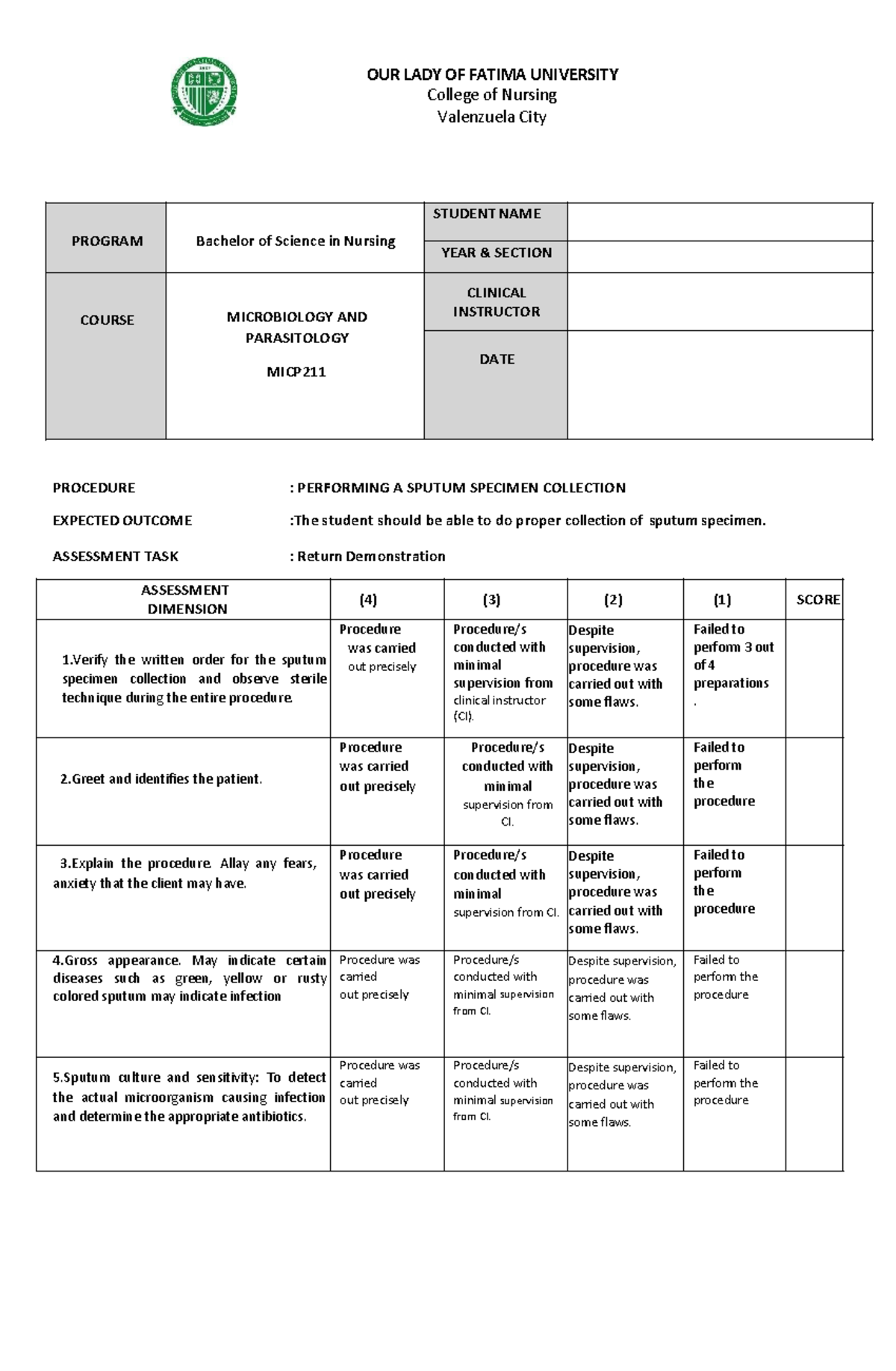 MICP LAB Wk 8 Rubric Performing A Sputum Specimen Collection MICP OLFU ...