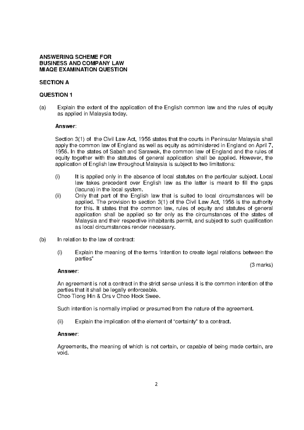 Business and Company Law Answer - ANSWERING SCHEME FOR BUSINESS AND ...