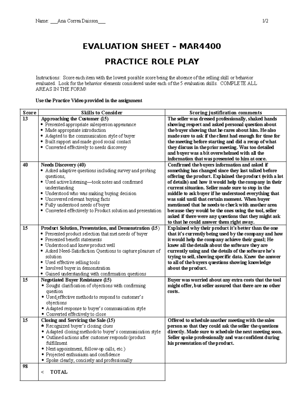 MAR4400 Practice Role Play Evaluation Form - Name: Ana Correa Daisson 1 ...
