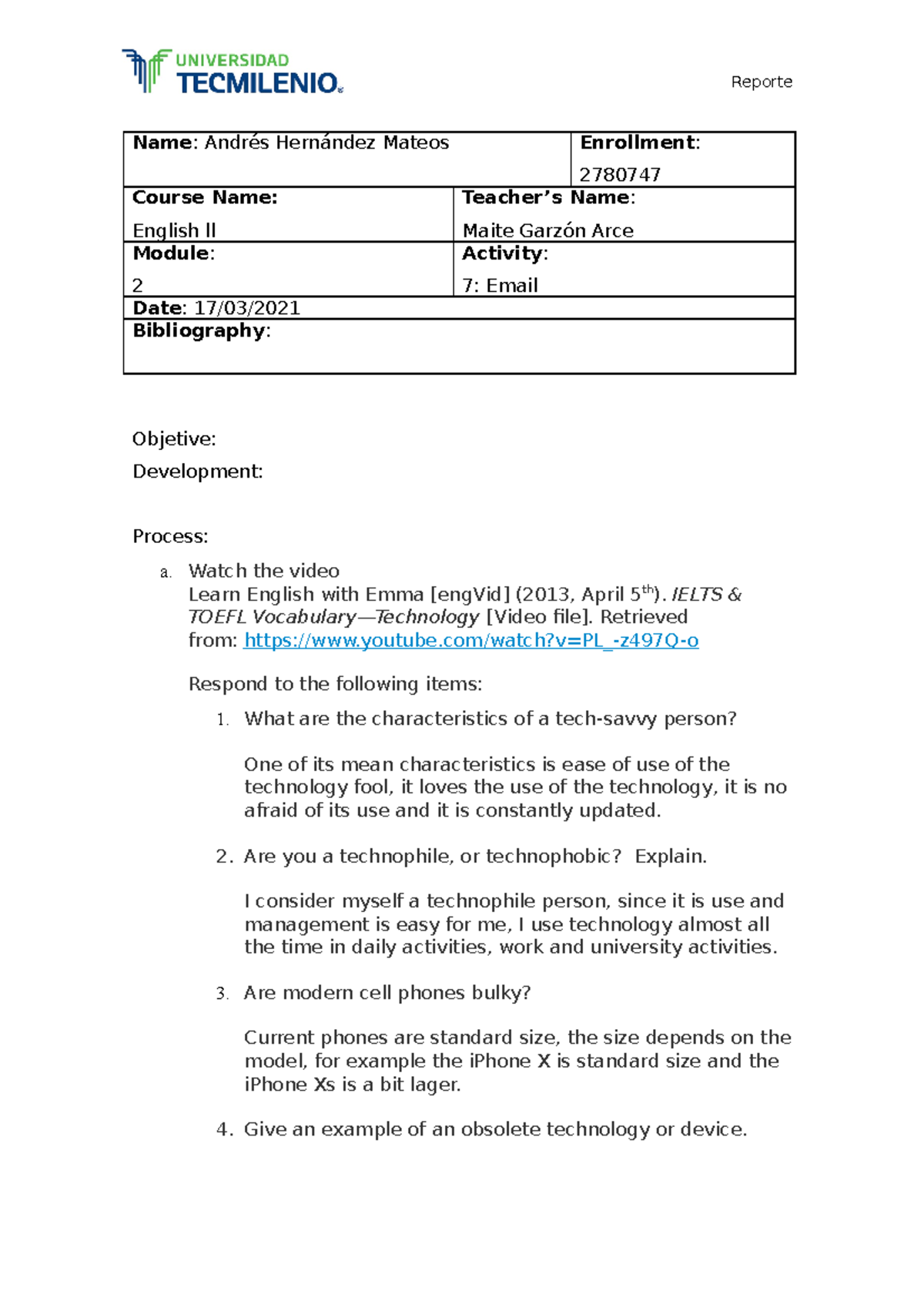 English ll act 7 email - Reporte Name : Andrés Hernández Mateos ...