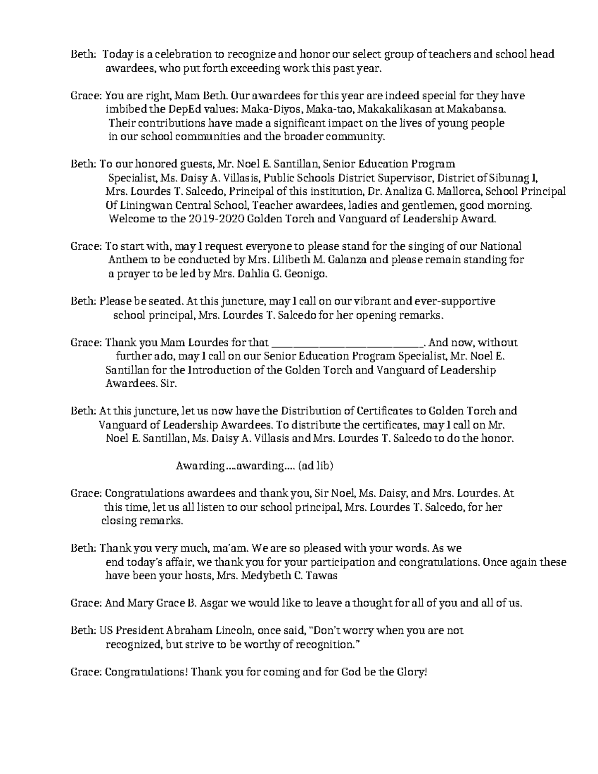 emcee awarding script for practice - Beth: Today is a celebration to ...