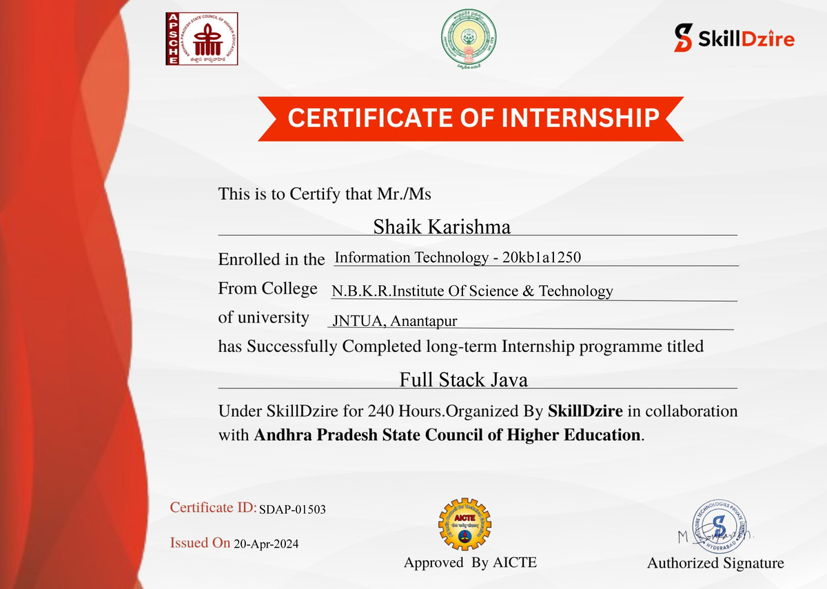 Internship Certificate Shaik Karishma SDAP-01503 - Computer Science SL - Shaik Karishma ...