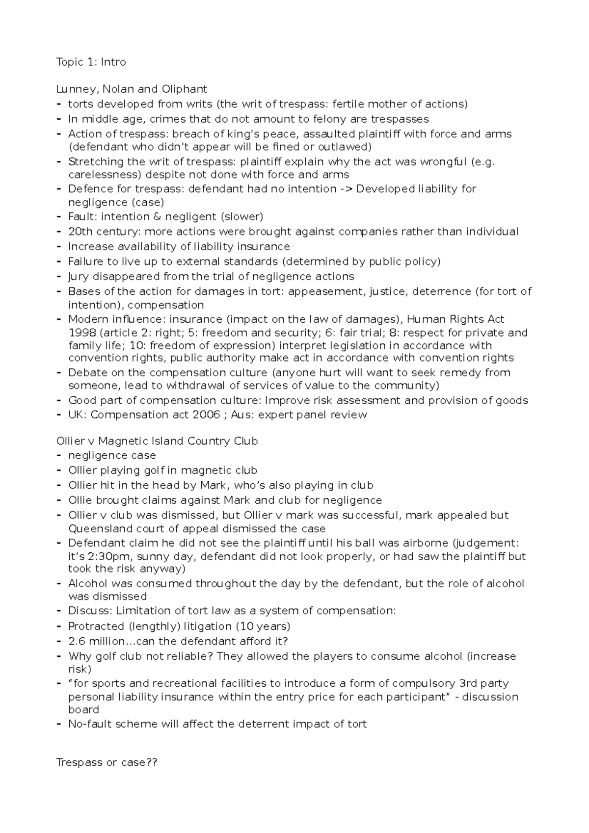 Torts tutorial QA - Topic 1: Intro Lunney, Nolan and Oliphant - torts ...