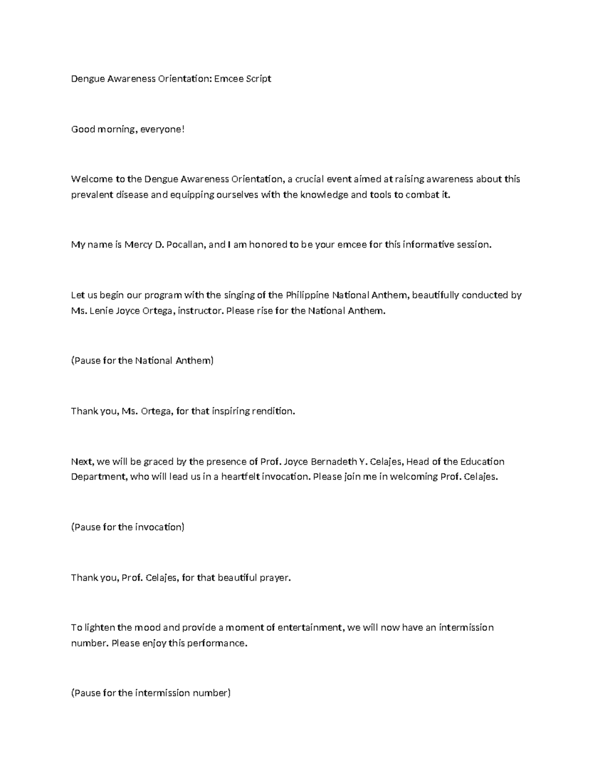 Dengue Awarenes-Script - Dengue Awareness Orientation: Emcee Script ...