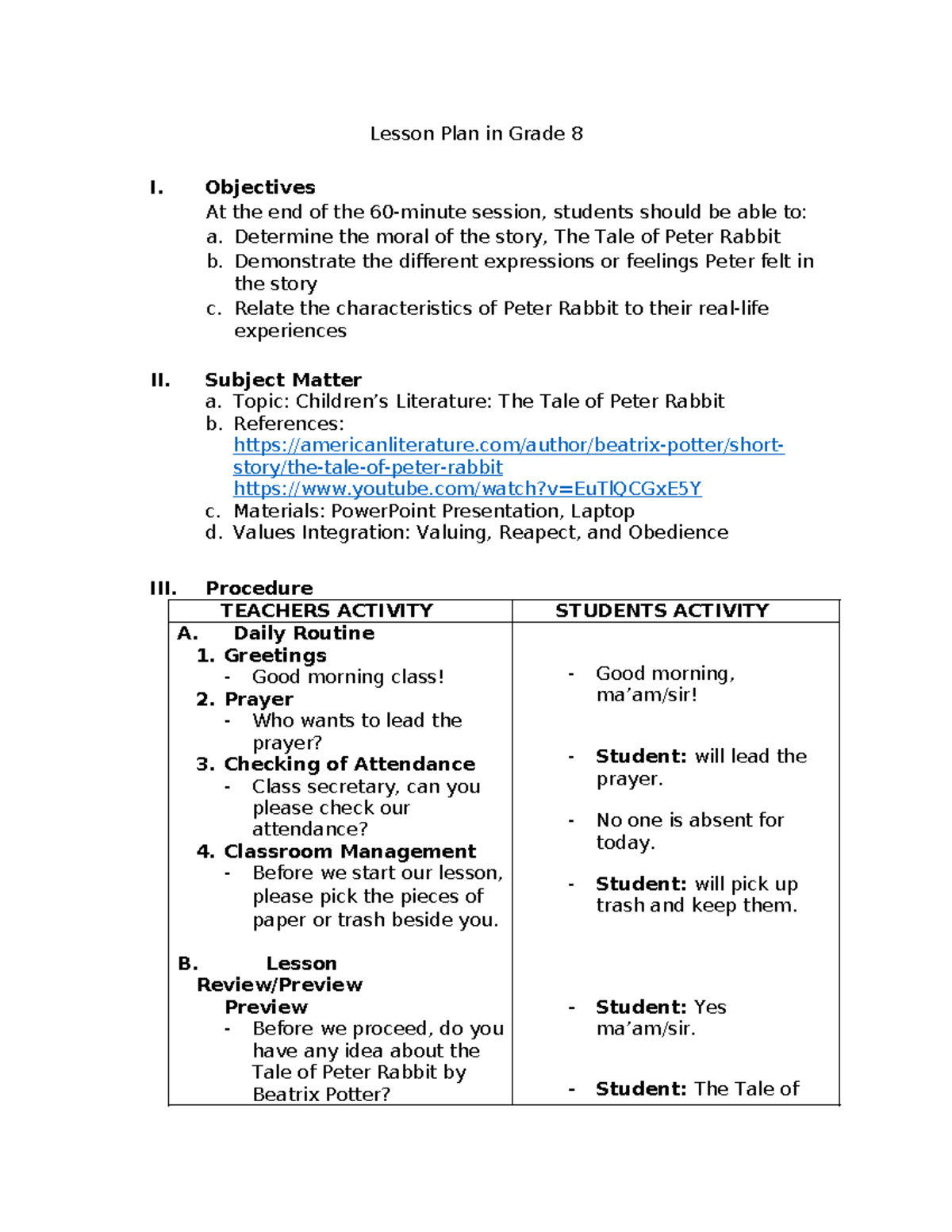 Detailed-Lesson-Plan - Lesson Plan in Grade 8 I. Objectives At the end ...