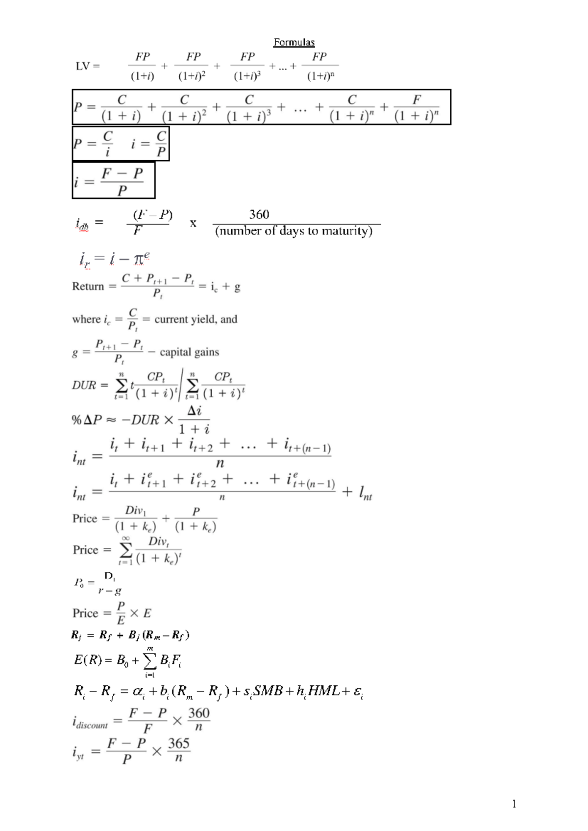 Formula sheet final exam - Financial Marker and Instruments - 1 ...