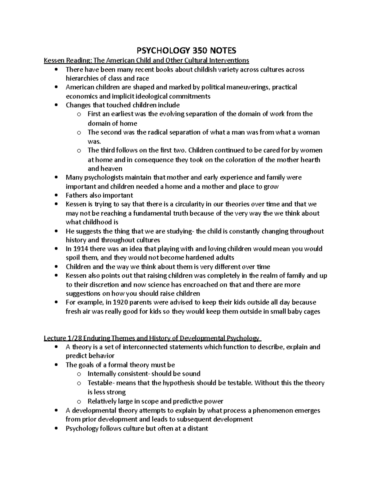 Psychology 350 Notes - PSYCHOLOGY 350 NOTES Kessen Reading: The ...