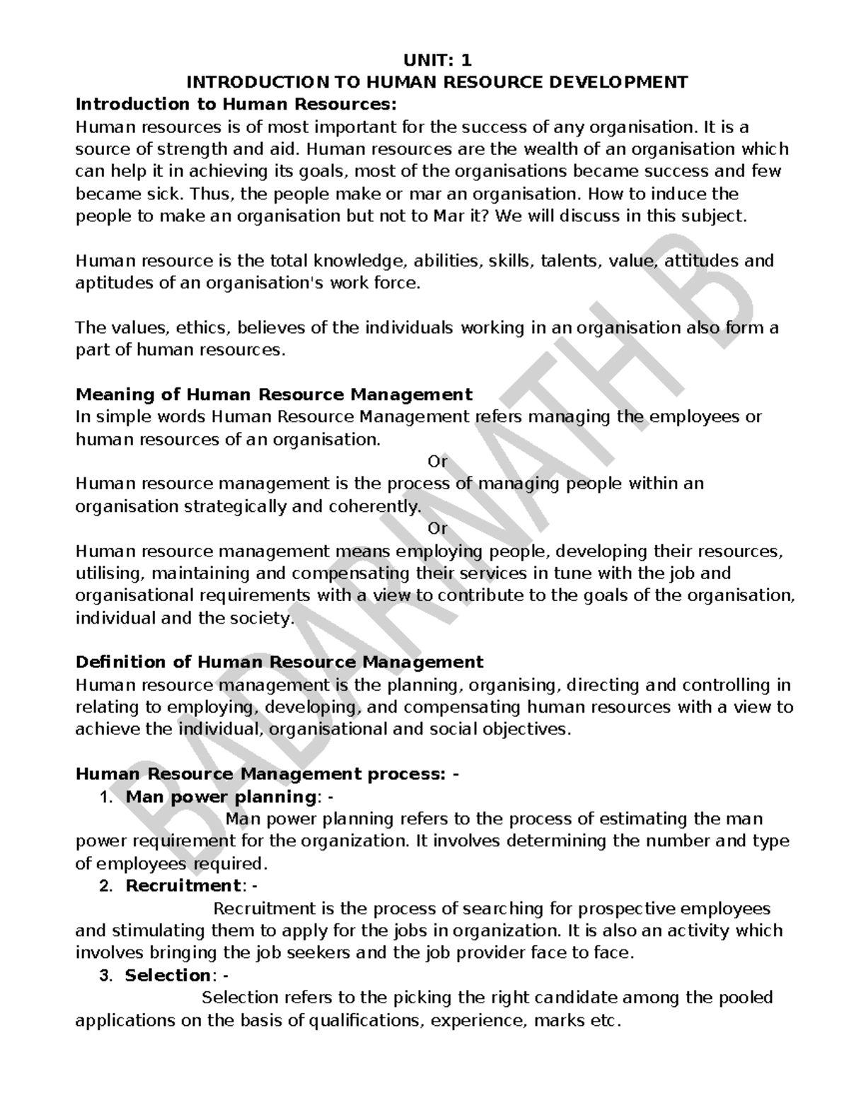 HRD UNIT - 1 Introduction TO Human Resource Development - UNIT: 1 ...