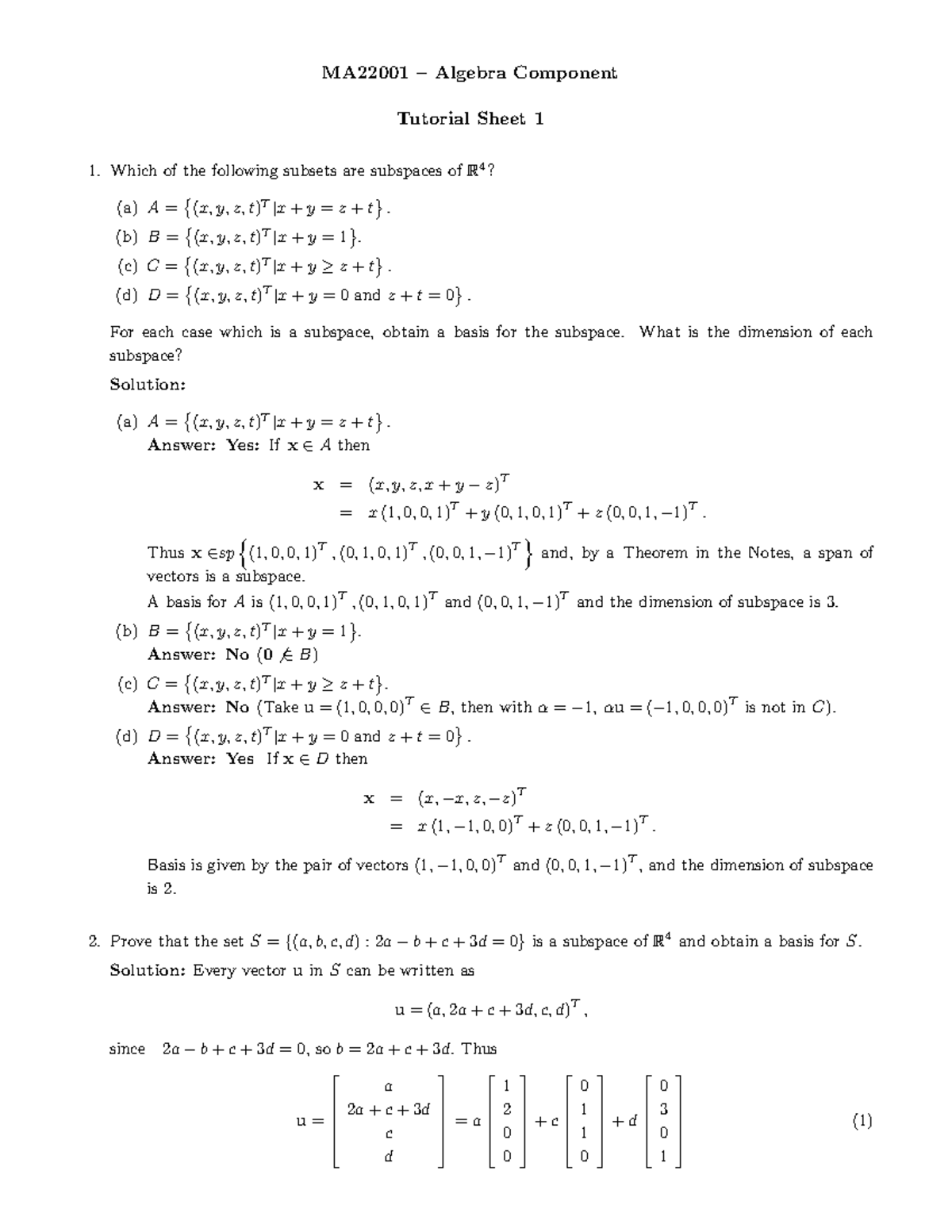 Algebra 1 - tut1 sol - MA22001 – Algebra Component Tutorial Sheet 1 ...