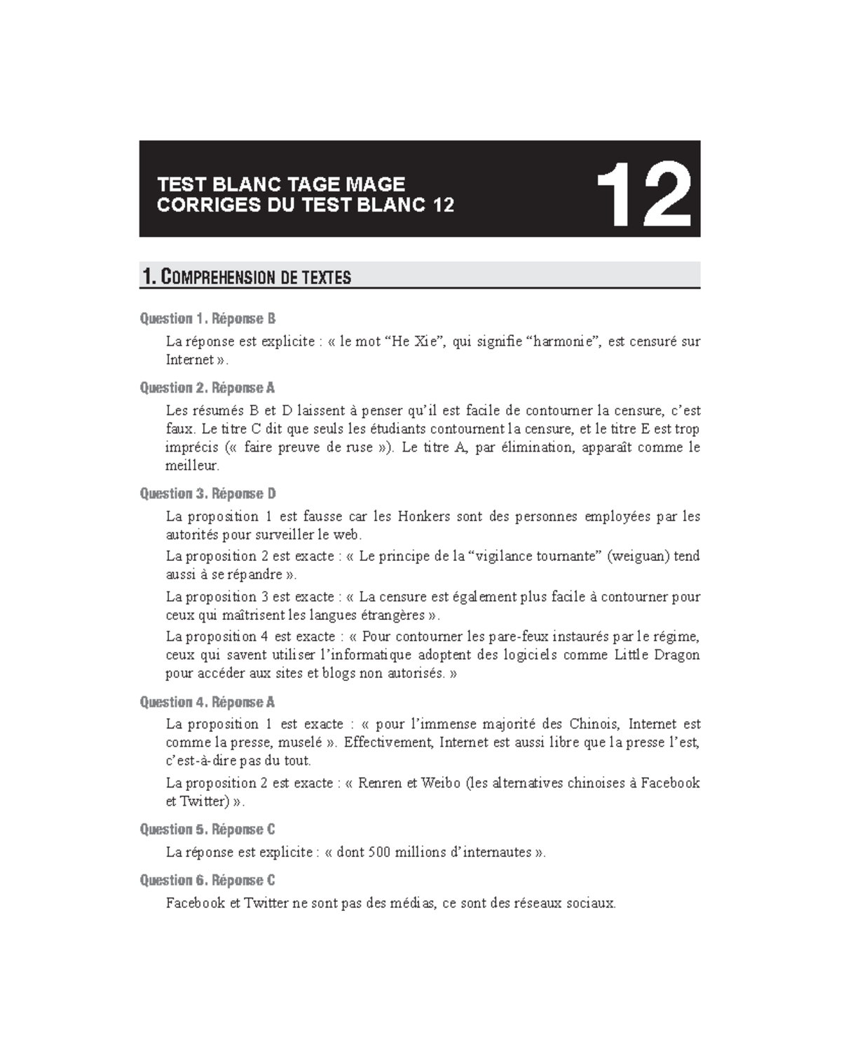 380467557 Bible Tage Mage 2016 Corriges Test 12 - TEST BLANC TAGE MAGE ...