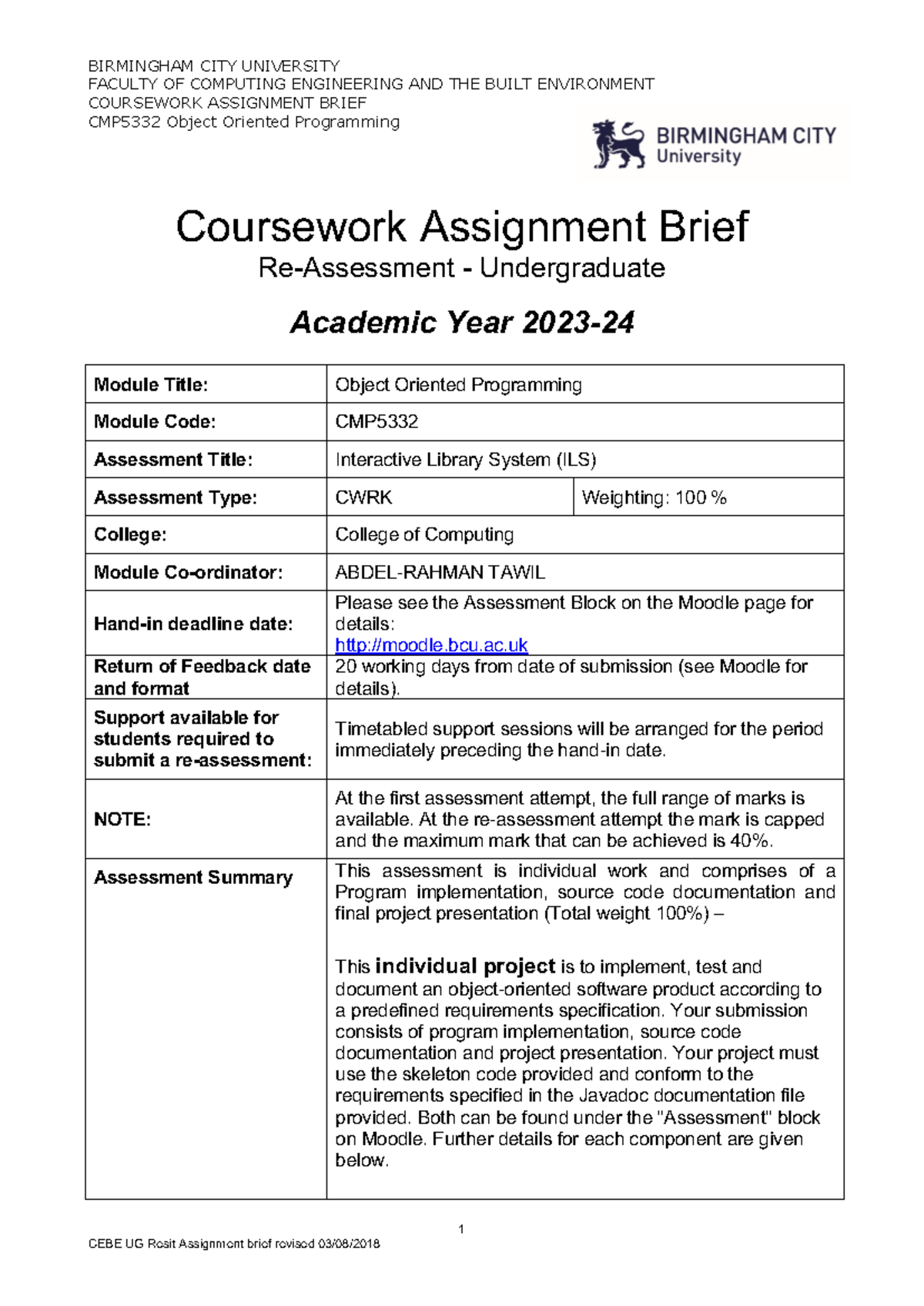 CMP5332 Object Oriented Programming CWRK Re-Assessment Brief 2023-4 - verfied - BIRMINGHAM CITY ...