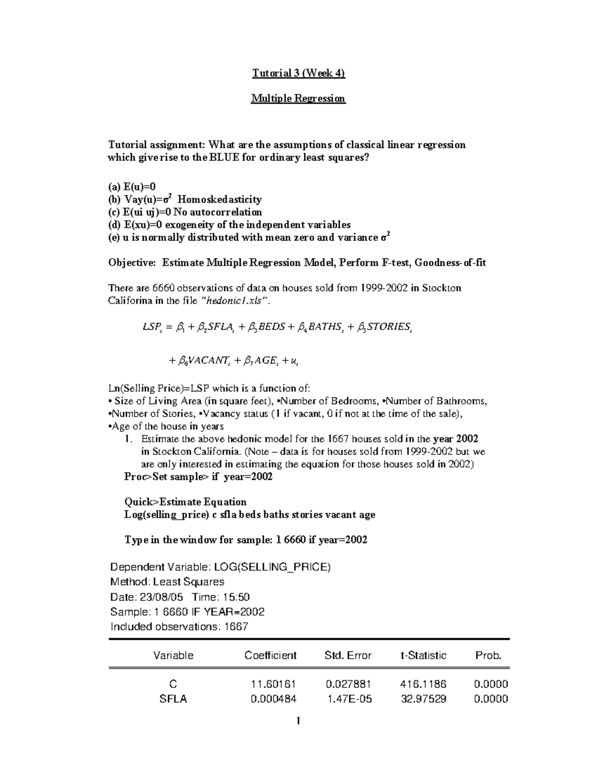 Tute3Answers - Econ339 Tutorial 3 Answers - Tutorial 3 (Week 4) Multiple Regression Tutorial ...