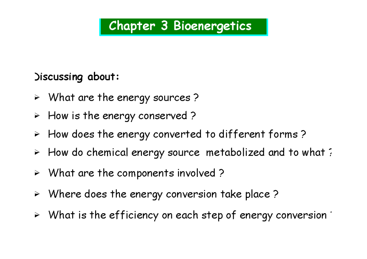 Bioenergetics 4 - Chapter 3 Bioenergetics about: What are the energy ...
