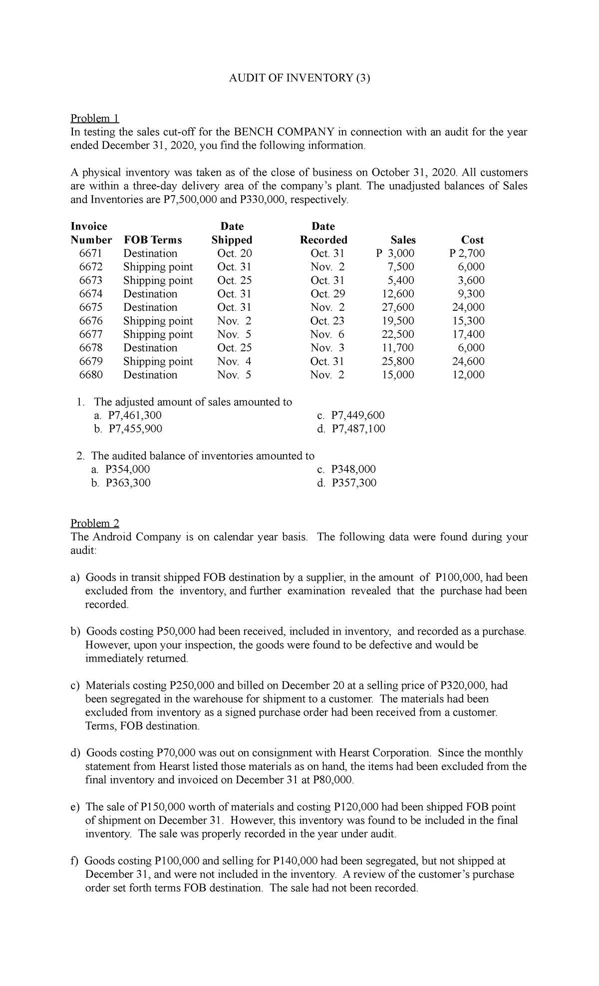 Audit- Inventory-2 - Lecture notes 7 - AUDIT OF INVENTORY (3) Problem 1 ...