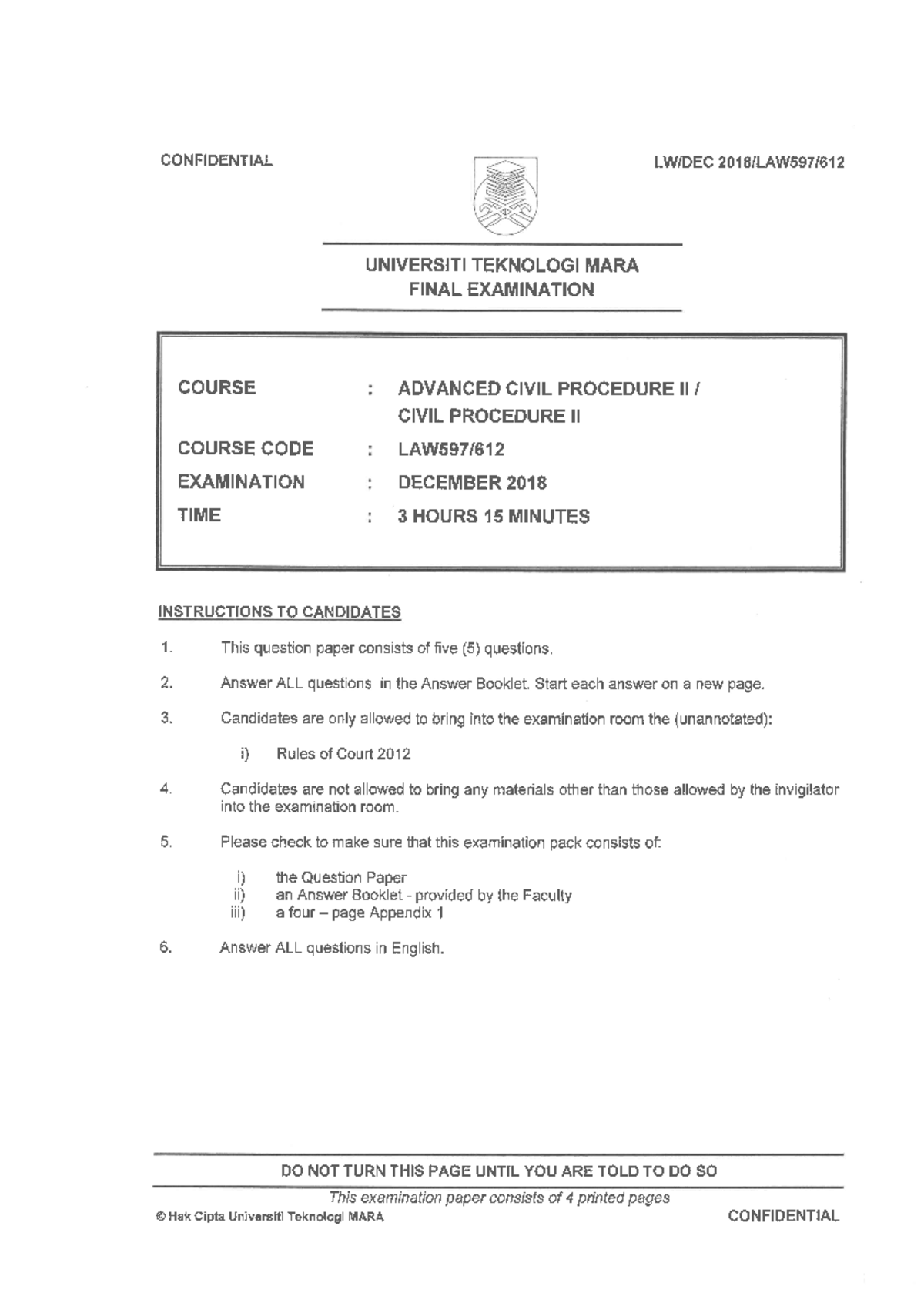 Faculty LAW 2019 Session 1 - Degree LAW597 612 - Civil Procedure 2 ...