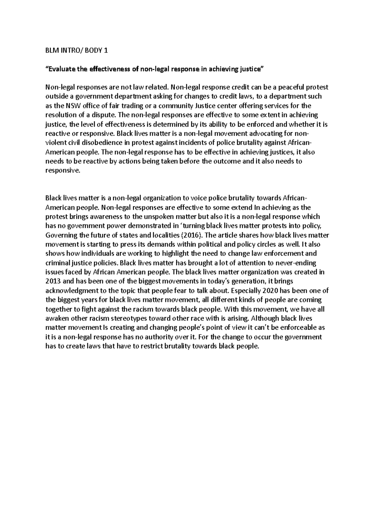BLM - summary of BLM - BLM INTRO/ BODY 1 “Evaluate the effectiveness of ...