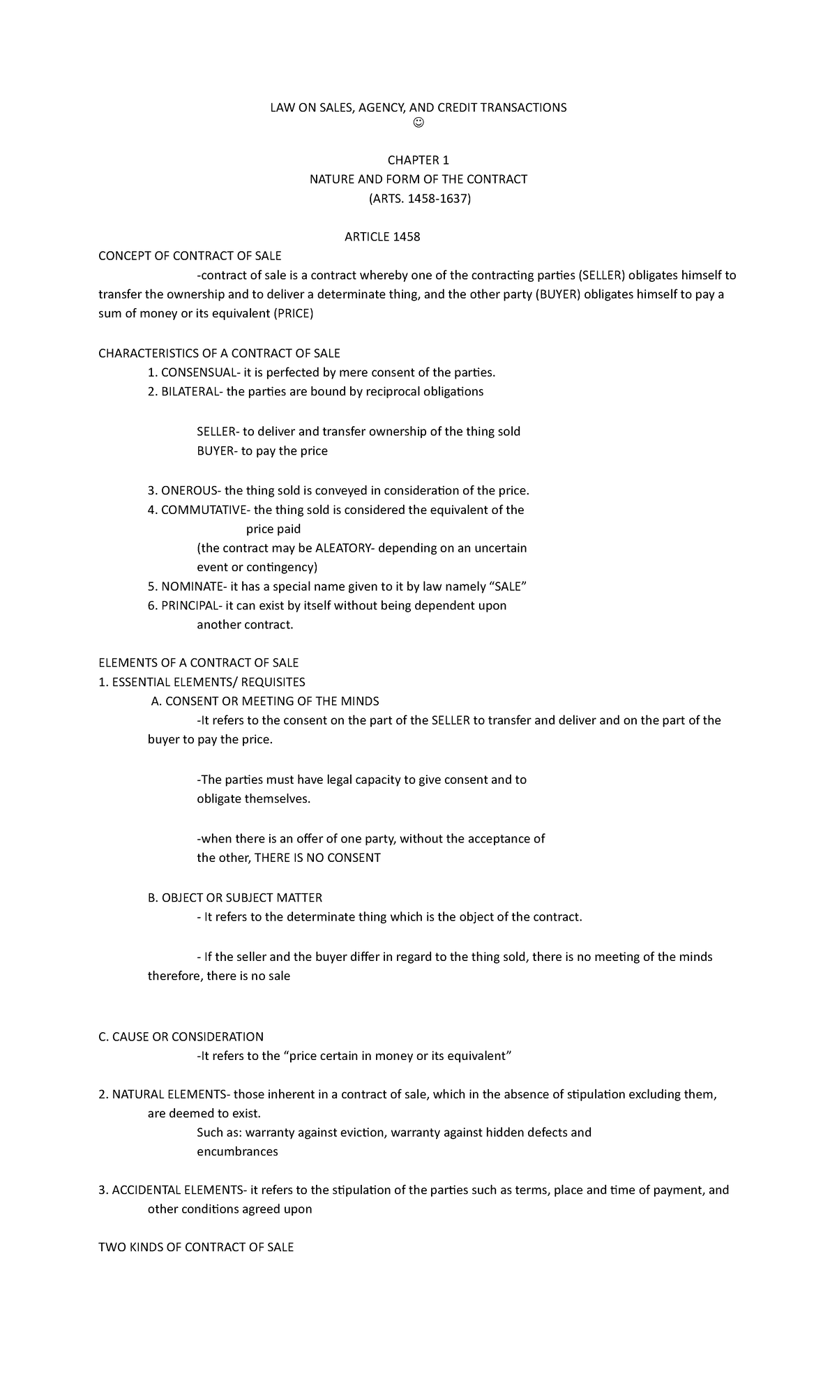 LAW ON Sales - LAW ON SALES, AGENCY, AND CREDIT TRANSACTIONS CHAPTER 1 ...