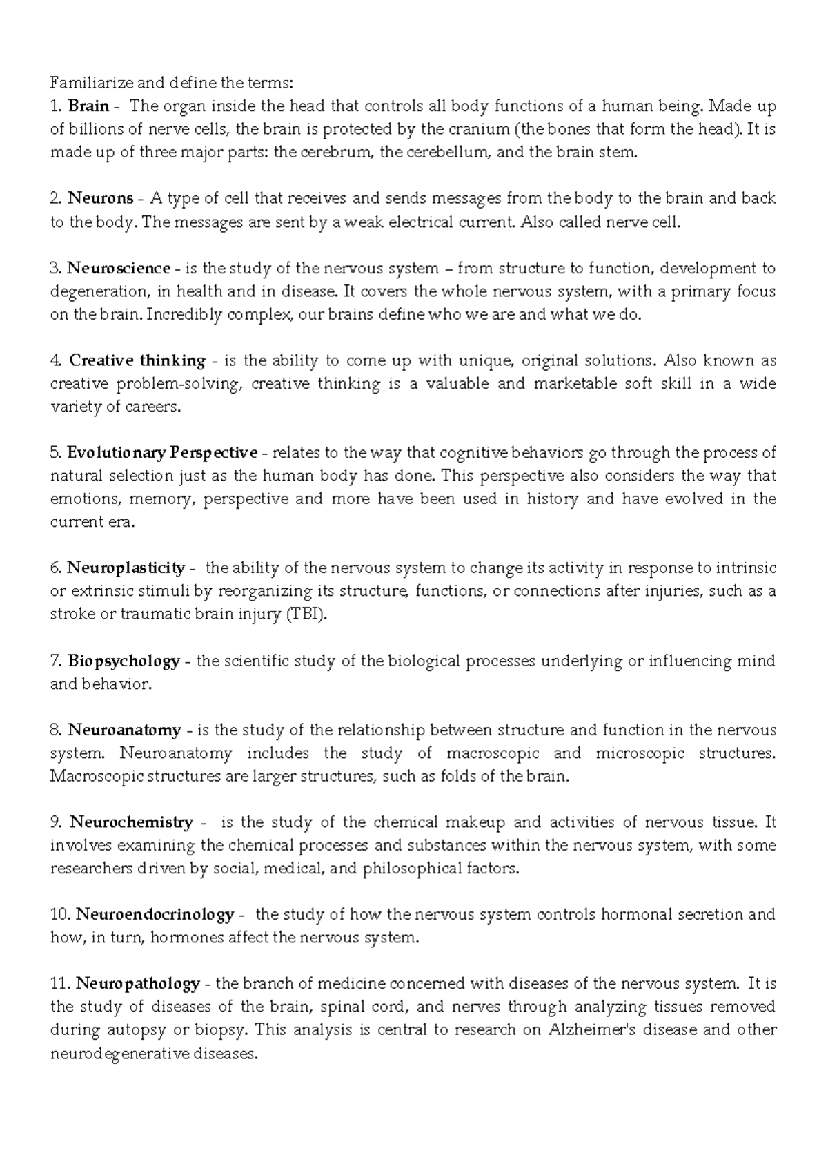 Physio-psych Definition of Terms - Familiarize and define the terms ...