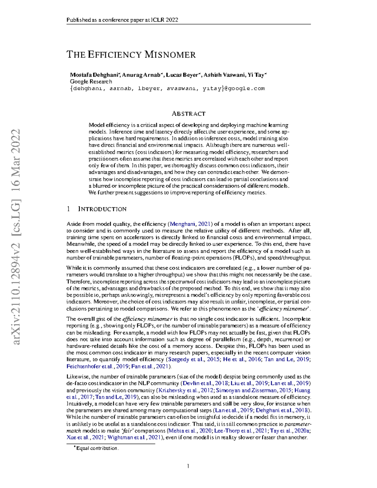 2110 - THE EFFICIENCY MISNOMER Mostafa Dehghani∗ , Anurag Arnab∗, Lucas ...