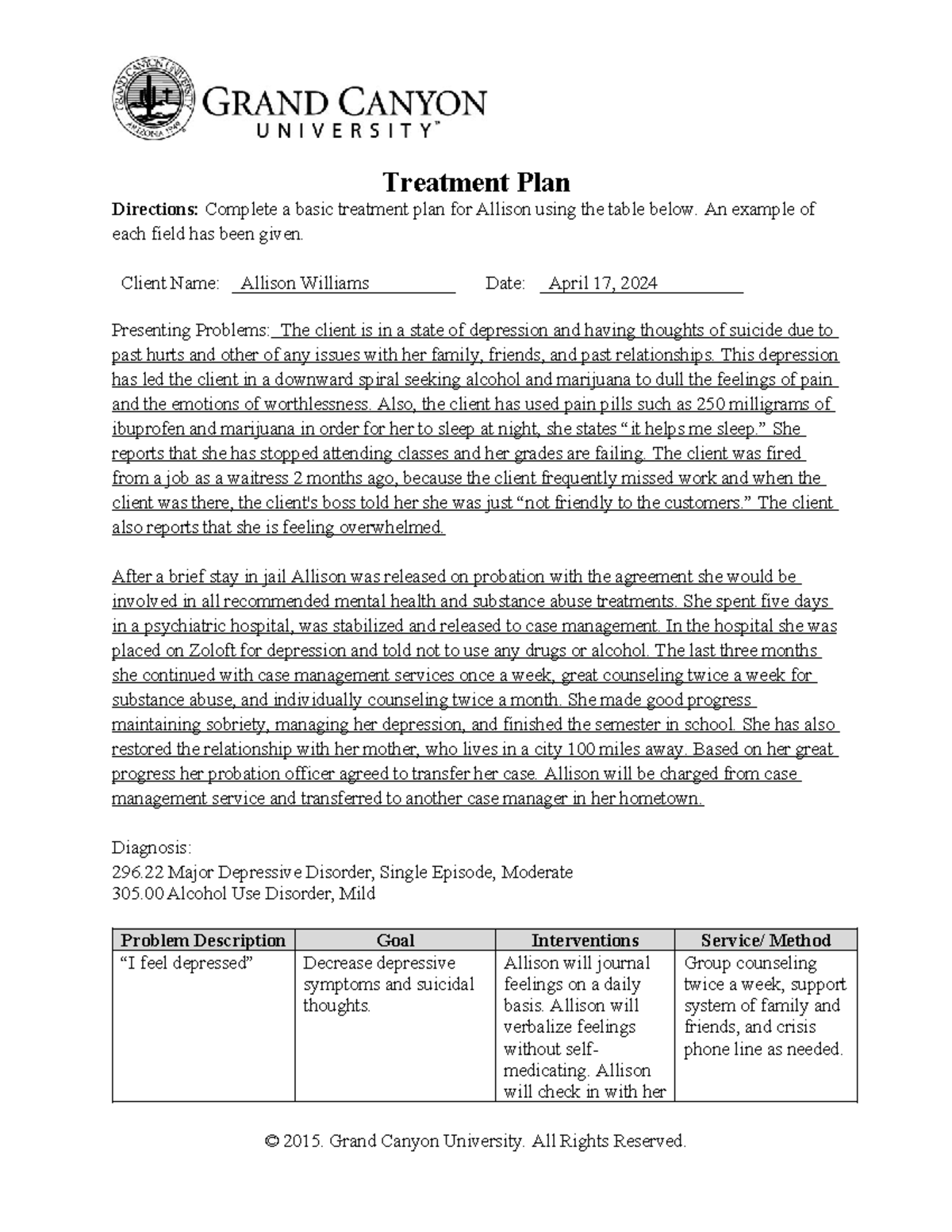 PCN255 - I got a 4.0 in this class - Treatment Plan Directions ...