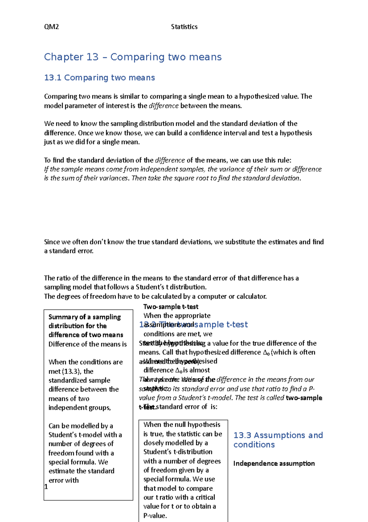 Comparing Two Means in Statistics - Studocu