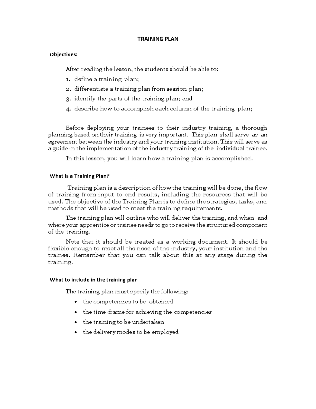 5.0 Training PLAN 102500 - TRAINING PLAN Objectives: After reading the ...