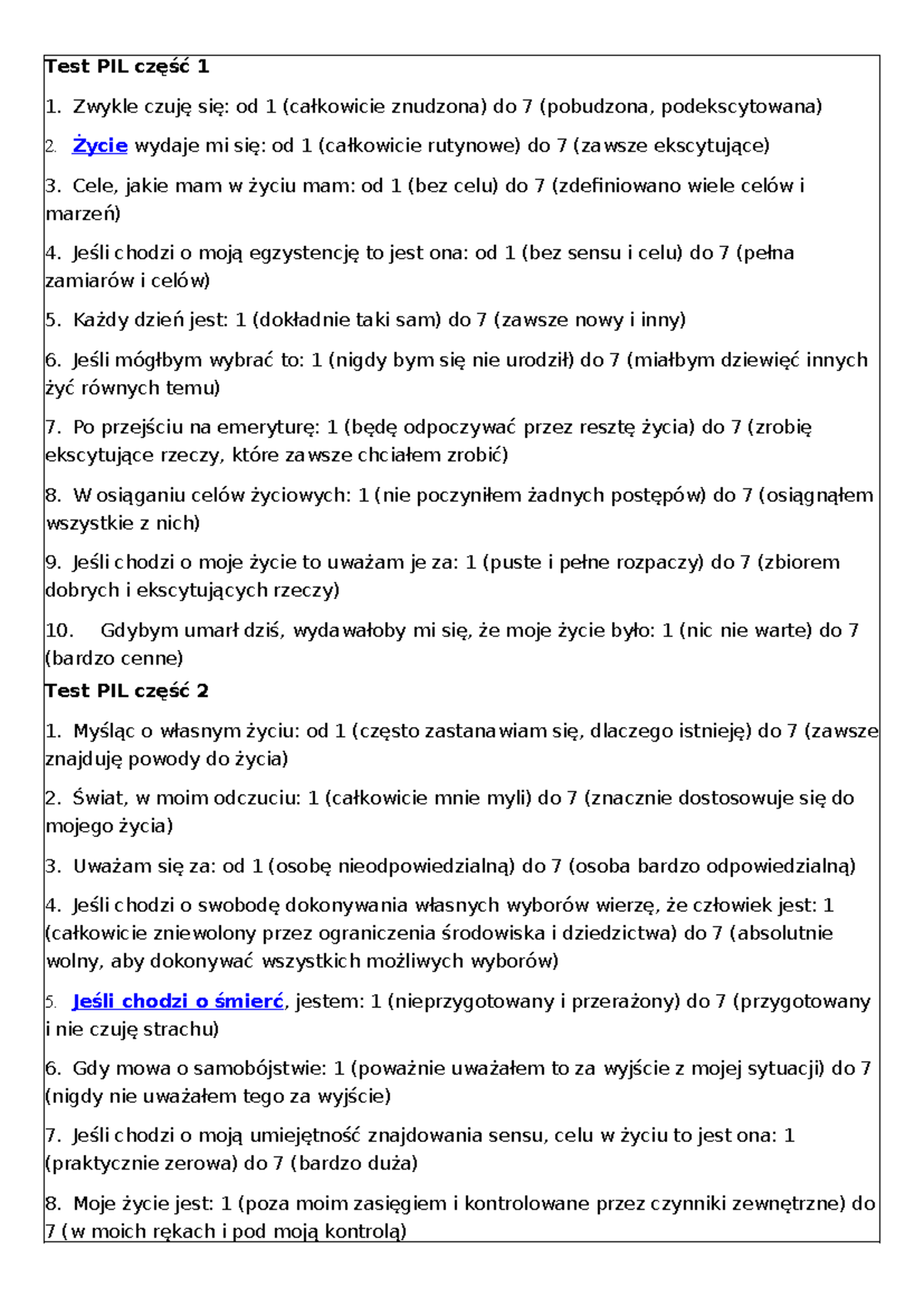 Test PIL - test - Test PIL część 1 Zwykle czuję się: od 1 (całkowicie ...
