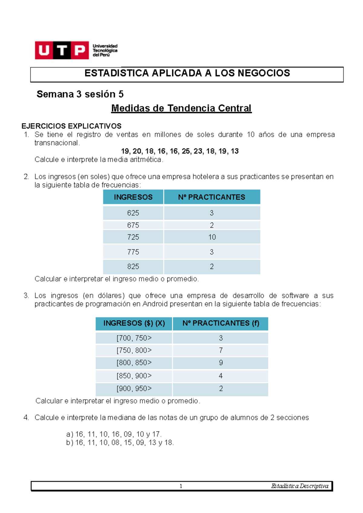 S03 s1 - Ejercicios de MTC - ESTADISTICA APLICADA A LOS NEGOCIOS Semana 3 sesión 5 Medidas de ...