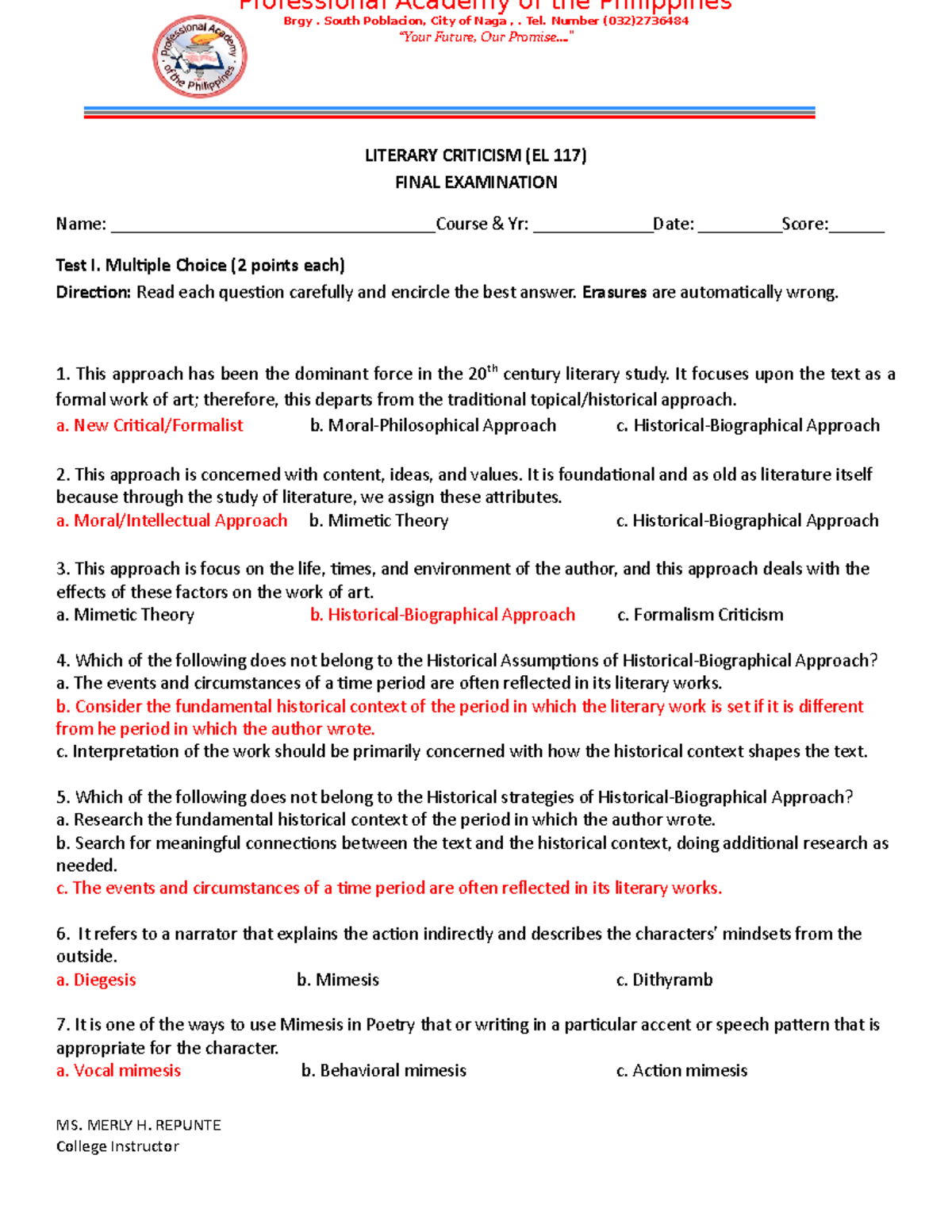 Final EXAM EL 117 Literary Criticism - LITERARY CRITICISM (EL 117 ...