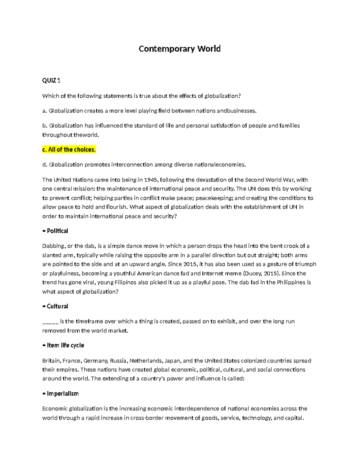 For compile - contemporary compilation - Contemporary World QUIZ 1 ...