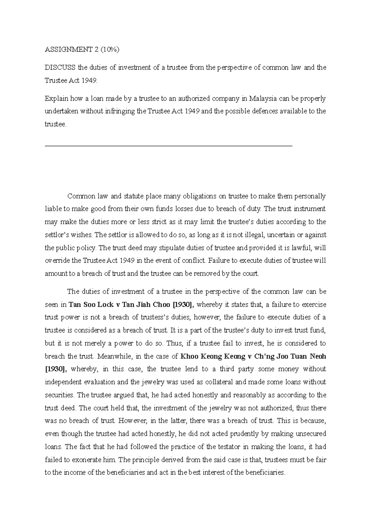 Assignment 2 AOT - ASSIGNMENT 2 (10%) DISCUSS the duties of investment ...