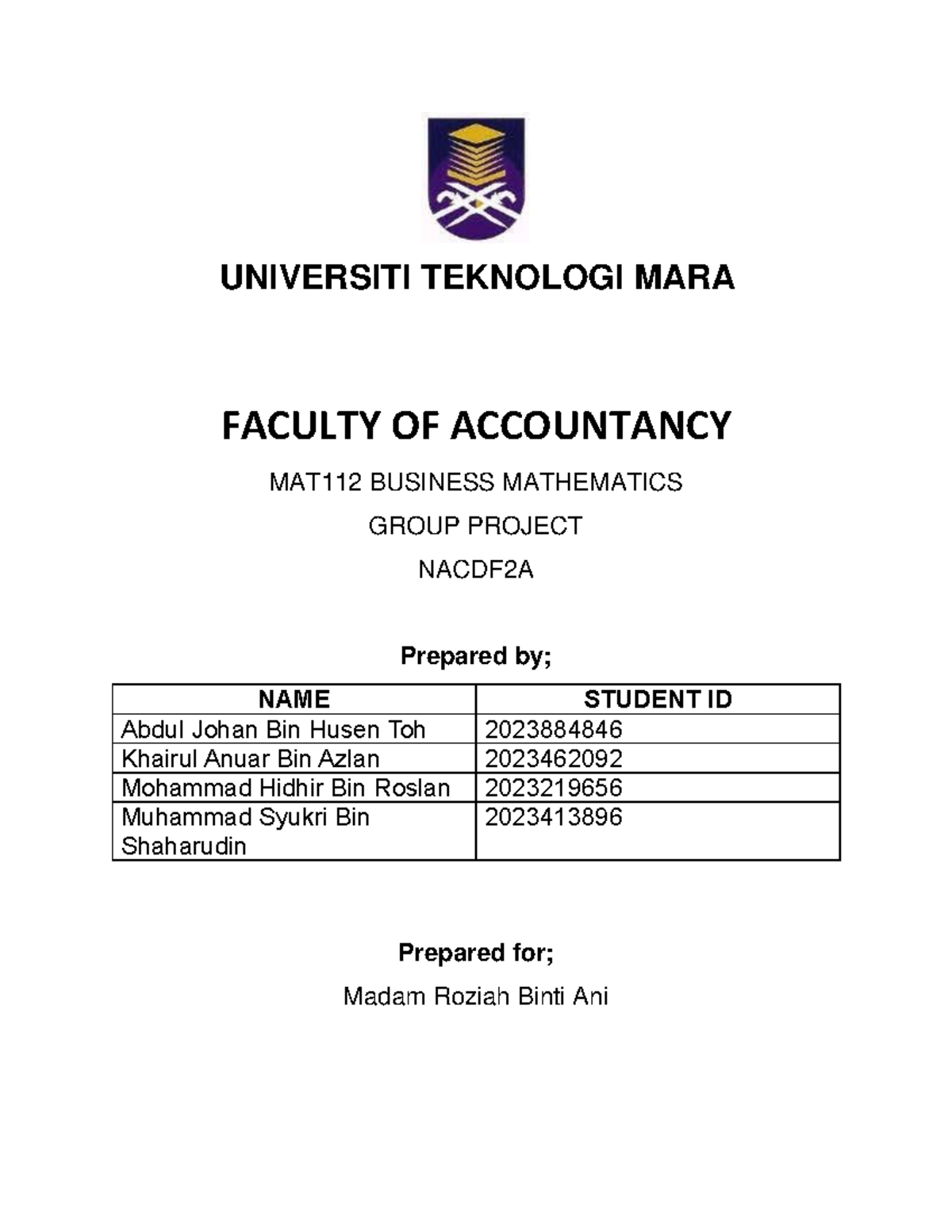 MAT112 Question and Answer - UNIVERSITI TEKNOLOGI MARA FACULTY OF ACCOUNTANCY MAT 112 BUSINESS ...