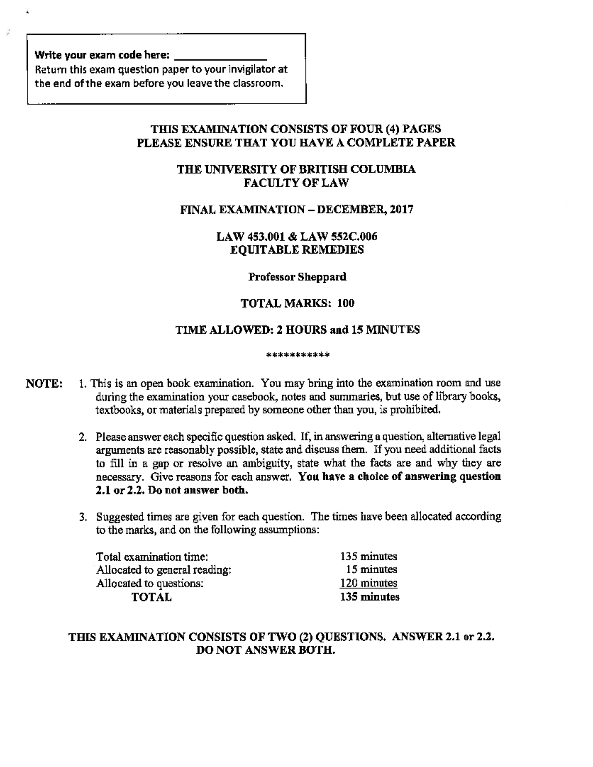 Exam December, questions - Write your exam code here: Return this exam ...