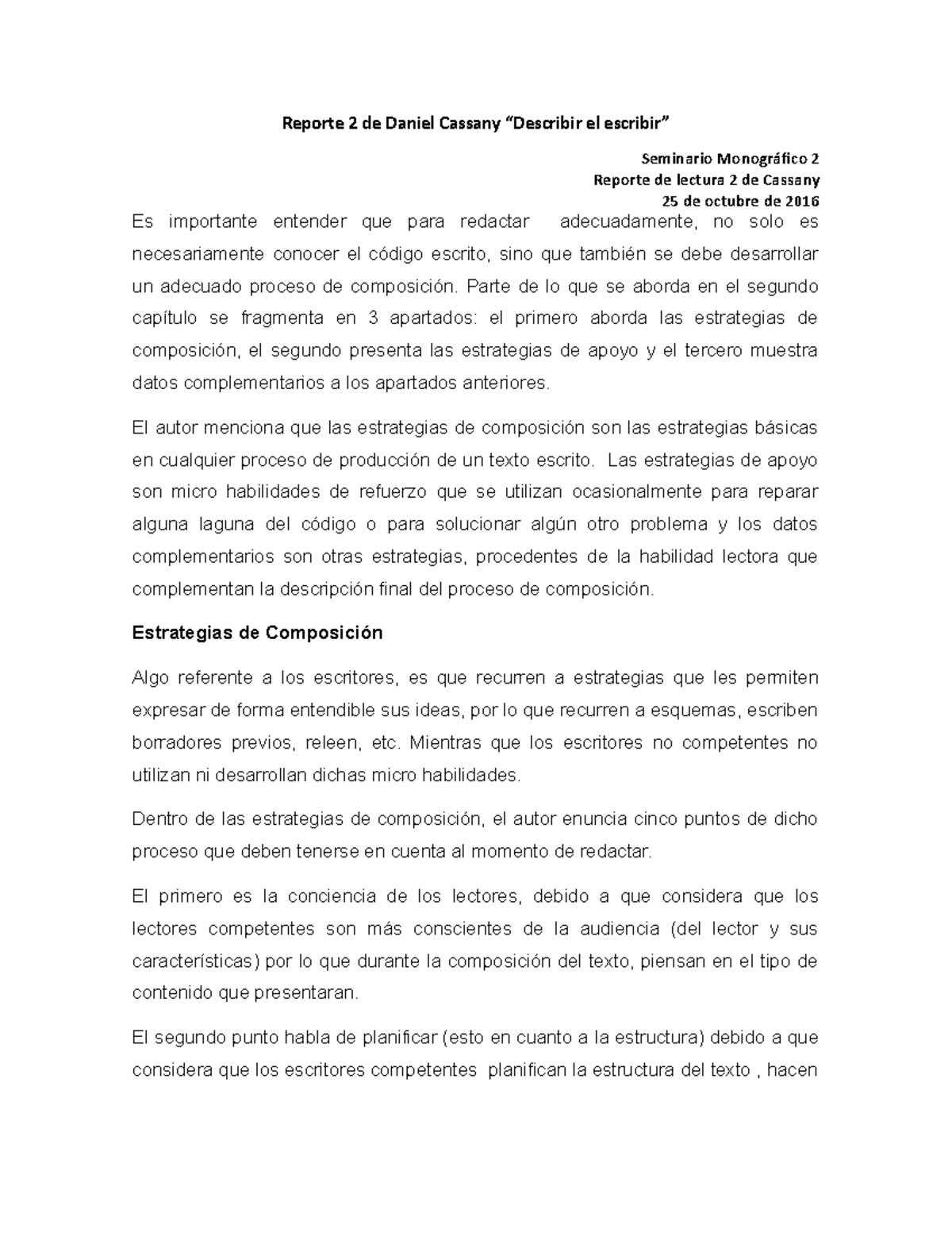 Reporte 2 de Daniel Cassany - Reporte 2 de Daniel Cassany “Describir el ...