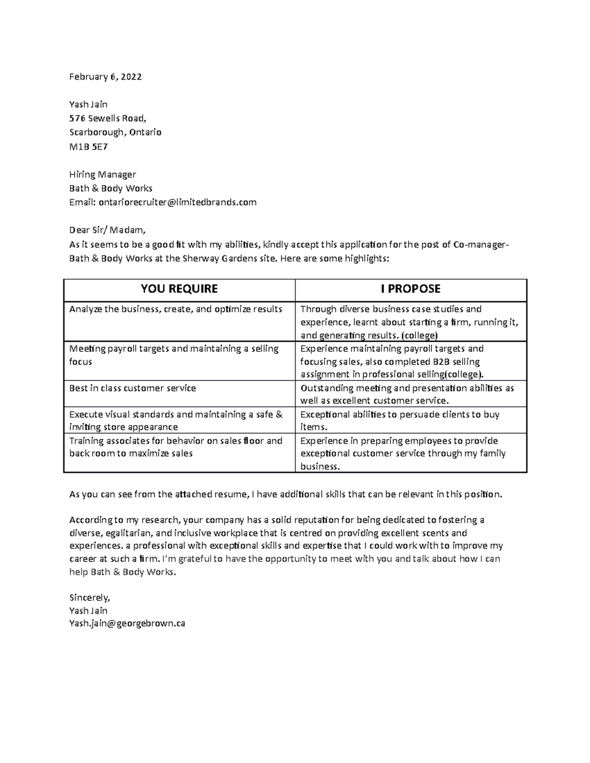 Cover letter y - midterm - February 6, 2022 Yash Jain 576 Sewells Road ...