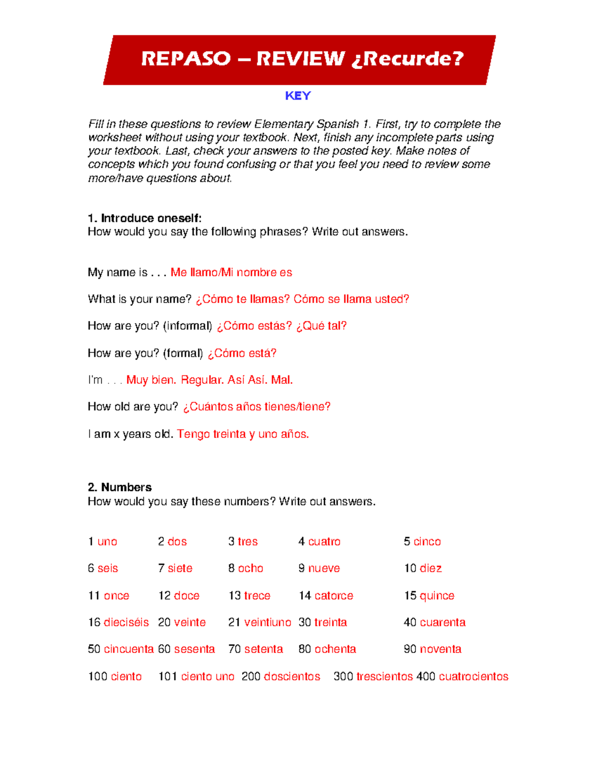 Span KEY conjugation guide - KEY Fi ll in these questions to review ...