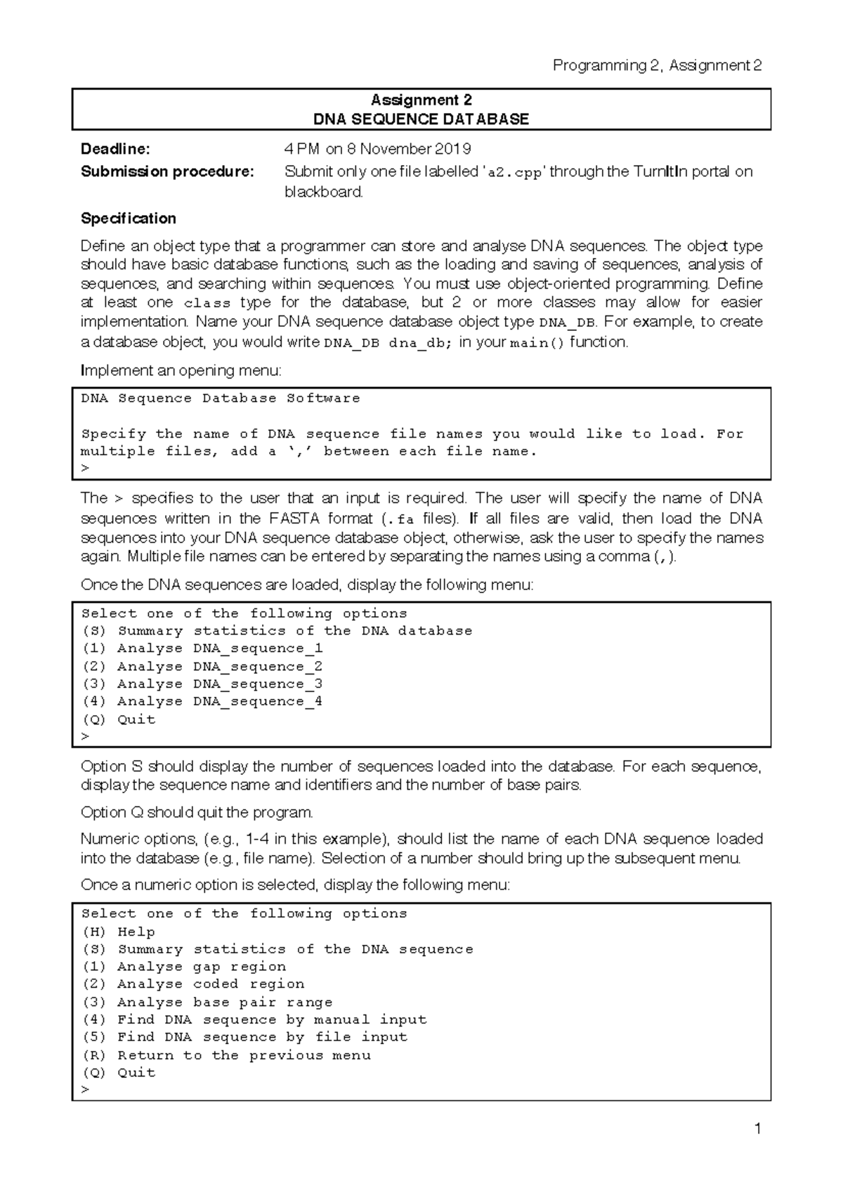 Assignment 2 - DNA DB - Assignment 2 DNA SEQUENCE DATABASE Deadline: 4 ...