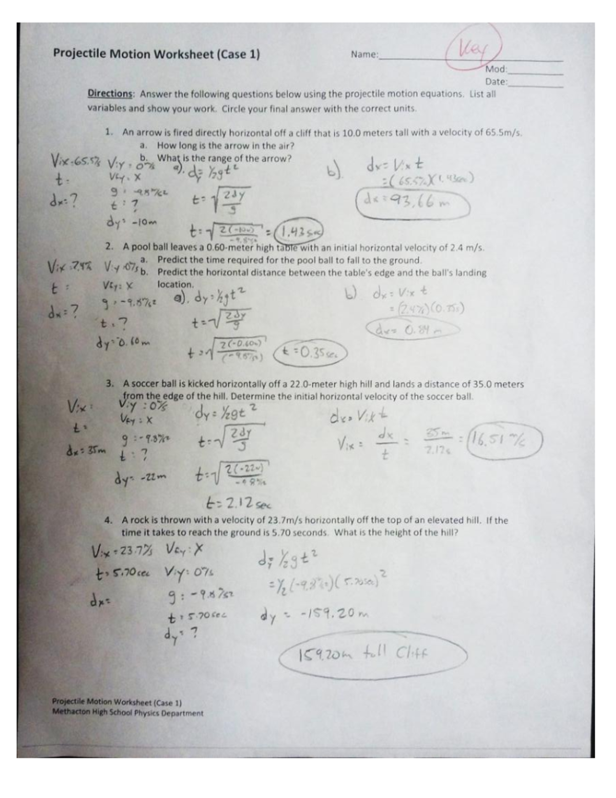 Projectile Motion Worksheet (Case 1) - PHYS 1311 - Studocu