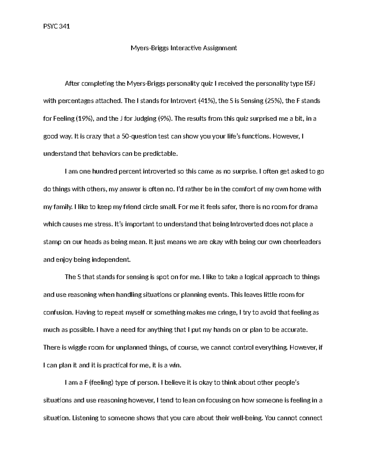 Maci Williams - Myers - essay - PSYC 341 Myers-Briggs Interactive ...
