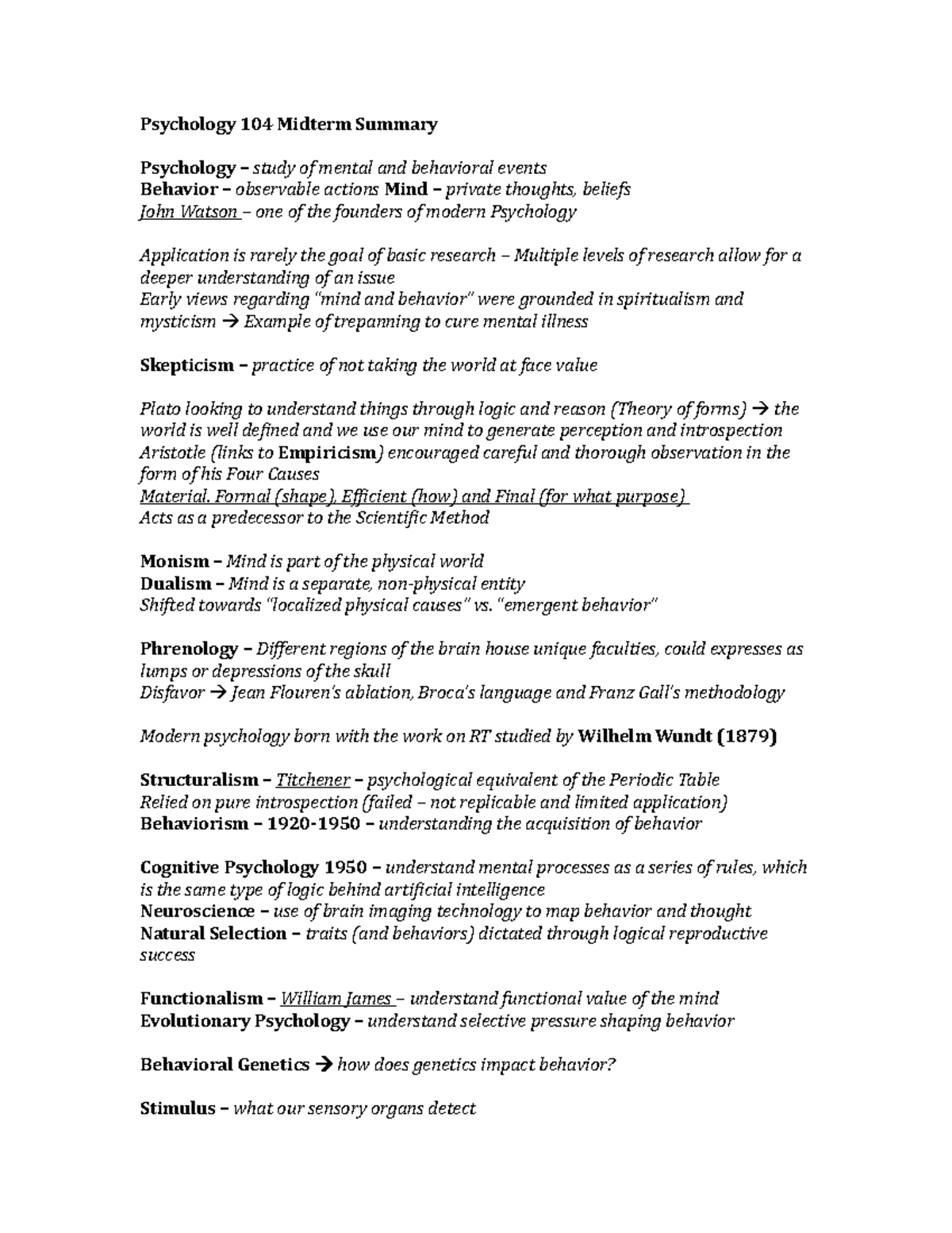 Psychology 104 Midterm Summary - Psychology 104 Midterm Summary ...