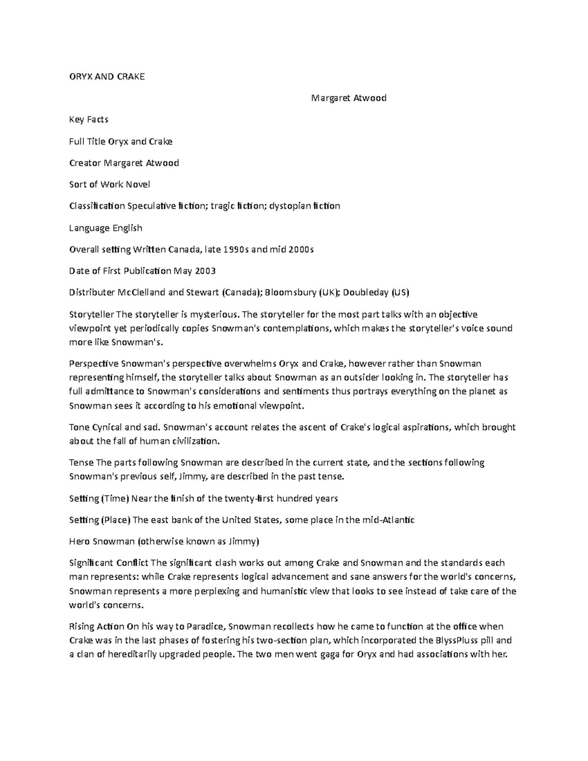 Oryx and Crake notes. 2 - ORYX AND CRAKE Margaret Atwood Key Facts Full ...