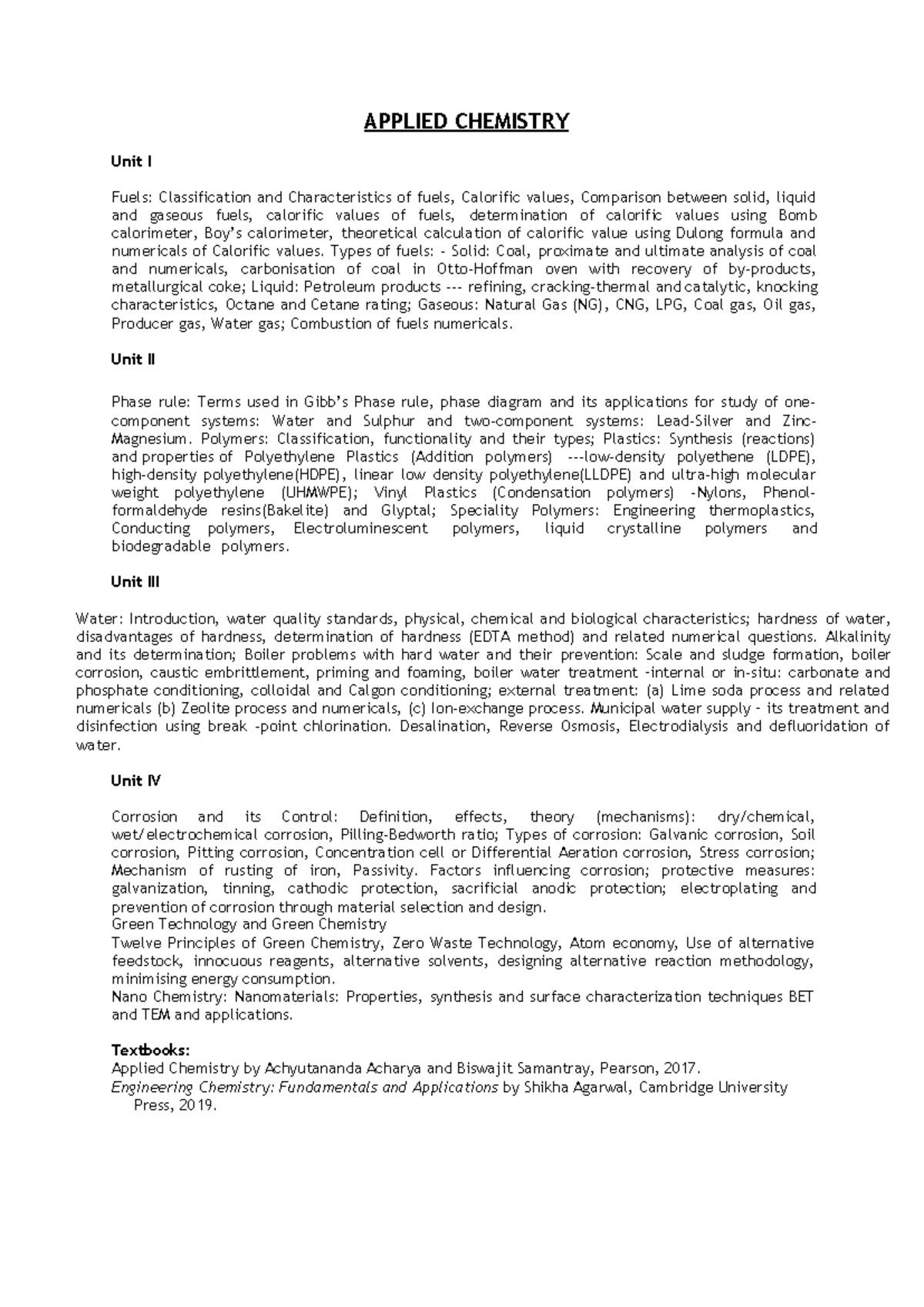 Semester 1 Syllabus - APPLIED CHEMISTRY Unit I Fuels: Classification ...